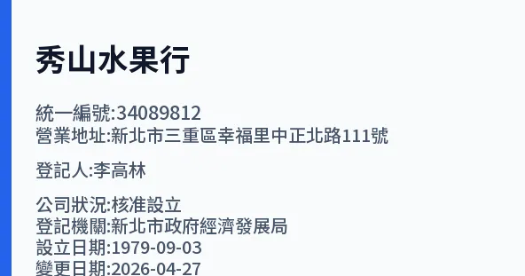 秀山水果行的照片-統編 34089812(新北市) 公司登記資料與營業項目詳細圖表
