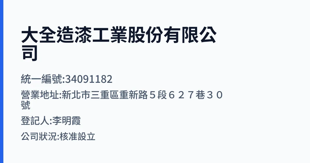大全造漆工業股份有限公司 - 統編 34091182(新北市) 公司登記資料與營業項目詳細圖表