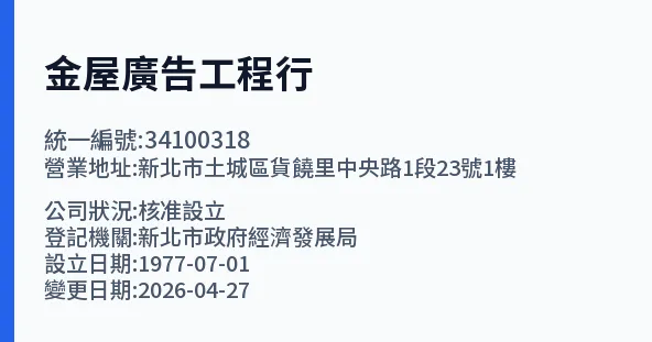 金屋廣告工程行的照片-統編 34100318(新北市) 公司登記資料與營業項目詳細圖表