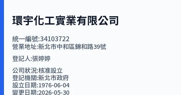 環宇化工實業有限公司的照片-統編 34103722(新北市) 公司登記資料與營業項目詳細圖表