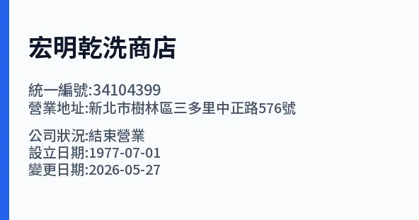宏明乾洗商店的照片-統編 34104399(新北市) 公司登記資料與營業項目詳細圖表