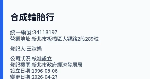 合成輪胎行的照片-統編 34118197(新北市) 公司登記資料與營業項目詳細圖表