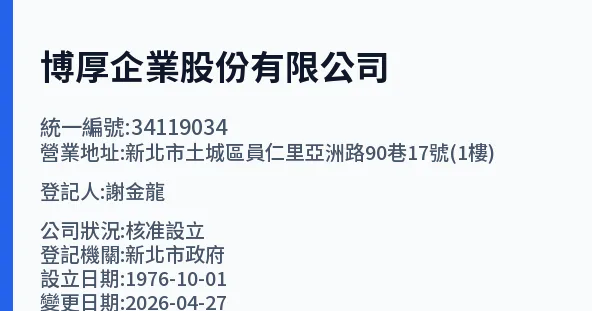 博厚企業股份有限公司的照片-統編 34119034(新北市) 公司登記資料與營業項目詳細圖表