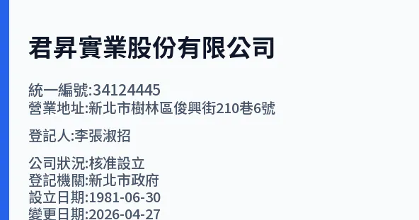 君昇實業股份有限公司的照片-統編 34124445(新北市) 公司登記資料與營業項目詳細圖表