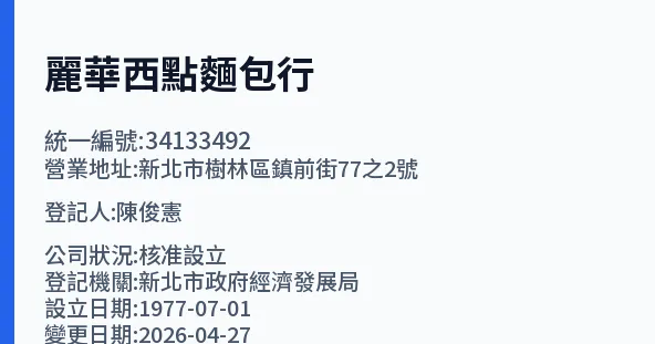 麗華西點麵包行的照片-統編 34133492(新北市) 公司登記資料與營業項目詳細圖表
