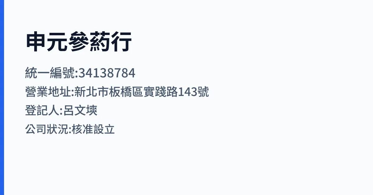 申元參葯行 - 統編 34138784(新北市) 公司登記資料與營業項目詳細圖表