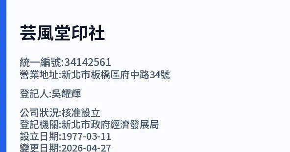芸風堂印社的照片-統編 34142561(新北市) 公司登記資料與營業項目詳細圖表