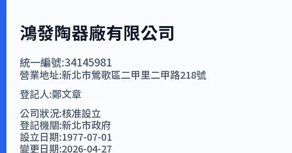 鴻發陶器廠有限公司的照片-統編 34145981(新北市) 公司登記資料與營業項目詳細圖表