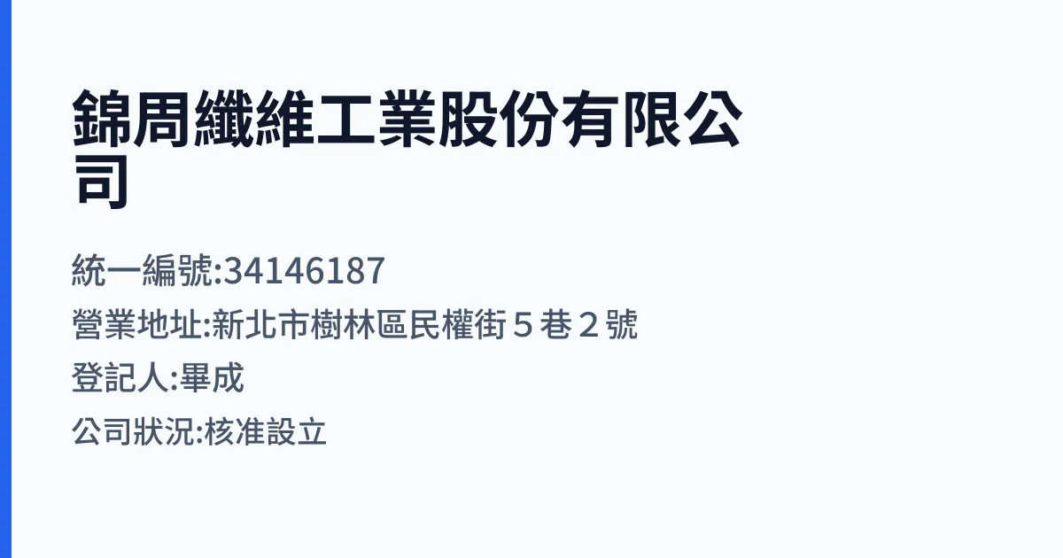 錦周纖維工業股份有限公司 - 統編 34146187(新北市) 公司登記資料與營業項目詳細圖表