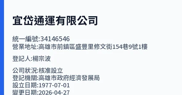 宜岱通運有限公司的照片-統編 34146546(高雄市) 公司登記資料與營業項目詳細圖表
