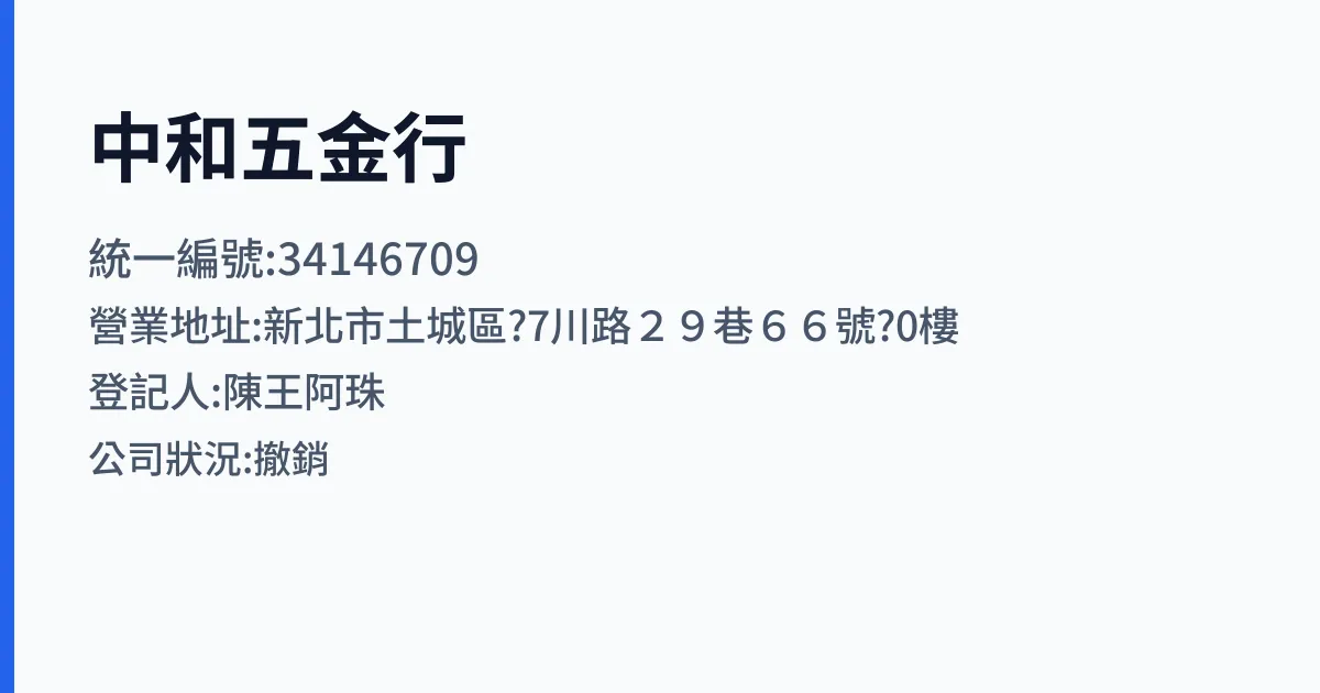 中和五金行 - 統編 34146709(新北市) 公司登記資料與營業項目詳細圖表