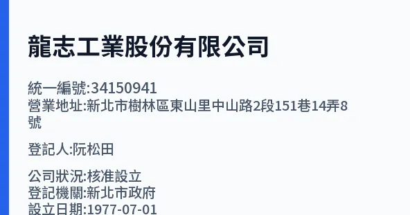 龍志工業股份有限公司的照片-統編 34150941(新北市) 公司登記資料與營業項目詳細圖表
