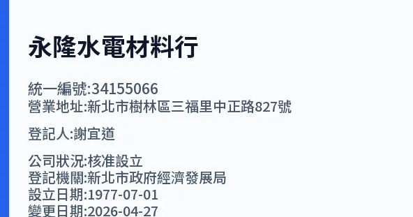 永隆水電材料行的照片-統編 34155066(新北市) 公司登記資料與營業項目詳細圖表