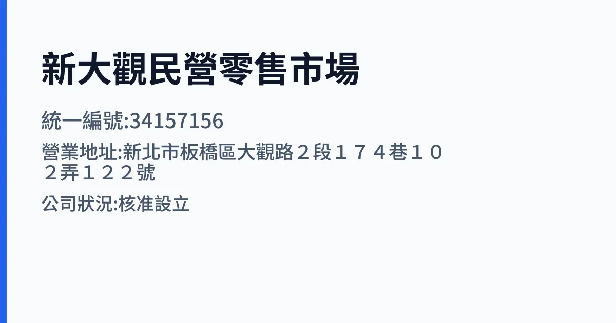 新大觀民營零售市場 - 統編 34157156(新北市) 公司登記資料與營業項目詳細圖表
