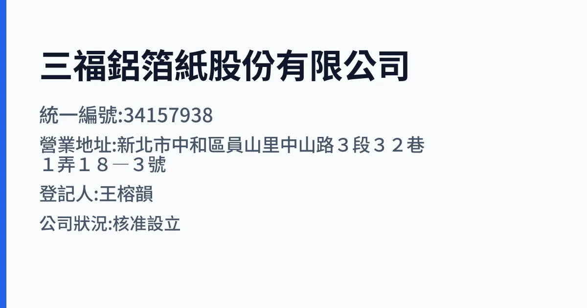 三福鋁箔紙股份有限公司 - 統編 34157938(新北市) 公司登記資料與營業項目詳細圖表