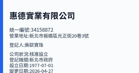 惠德實業有限公司的照片-統編 34158872(新北市) 公司登記資料與營業項目詳細圖表