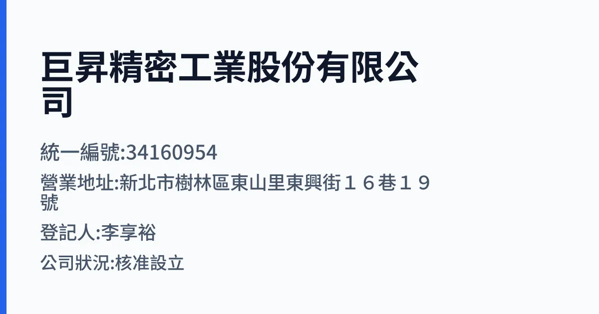 巨昇精密工業股份有限公司 - 統編 34160954(新北市) 公司登記資料與營業項目詳細圖表