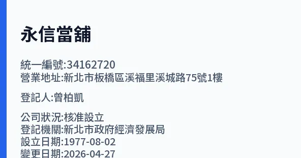 永信當舖的照片-統編 34162720(新北市) 公司登記資料與營業項目詳細圖表