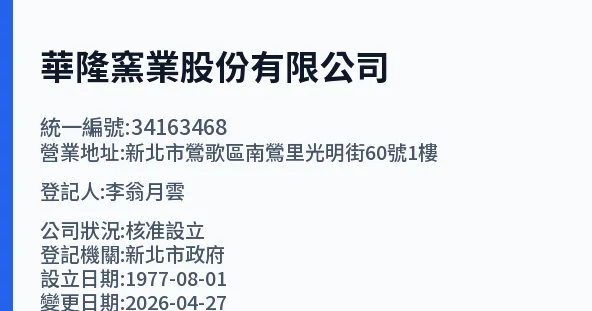 華隆窯業股份有限公司的照片-統編 34163468(新北市) 公司登記資料與營業項目詳細圖表