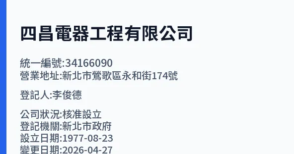 四昌電器工程有限公司的照片-統編 34166090(新北市) 公司登記資料與營業項目詳細圖表