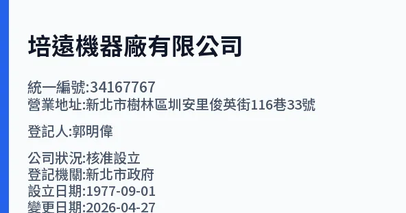 培遠機器廠有限公司的照片-統編 34167767(新北市) 公司登記資料與營業項目詳細圖表