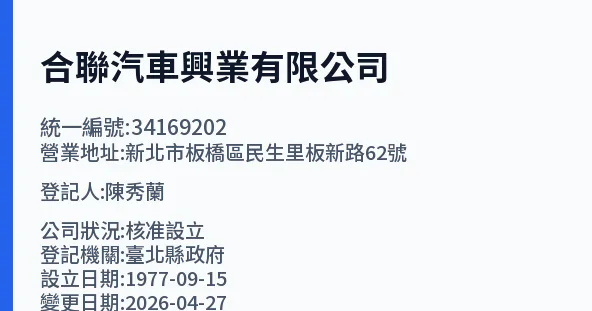 合聯汽車興業有限公司的照片-統編 34169202(新北市) 公司登記資料與營業項目詳細圖表