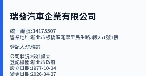 瑞發汽車企業有限公司的照片-統編 34175507(新北市) 公司登記資料與營業項目詳細圖表