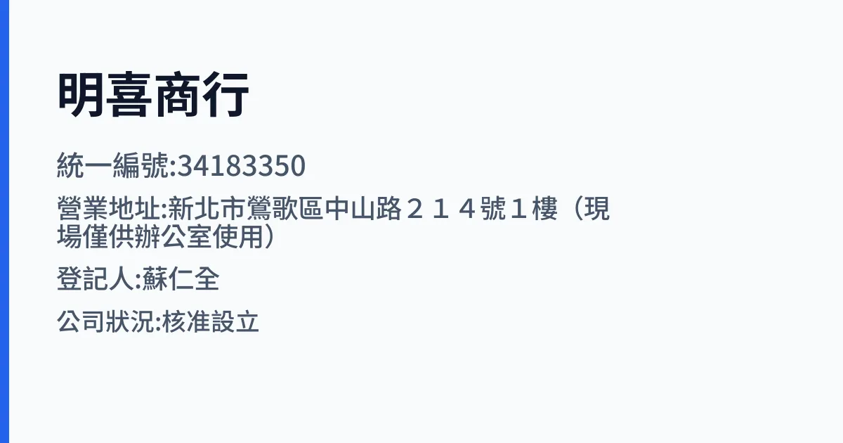 明喜商行 - 統編 34183350(新北市) 公司登記資料與營業項目詳細圖表