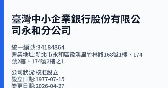 臺灣中小企業銀行股份有限公司永和分公司的照片-統編 34184864(新北市) 公司登記資料與營業項目詳細圖表