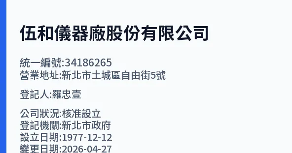 伍和儀器廠股份有限公司的照片-統編 34186265(新北市) 公司登記資料與營業項目詳細圖表