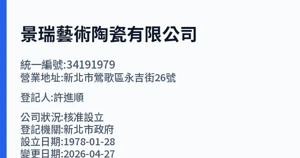 景瑞藝術陶瓷有限公司的照片-統編 34191979(新北市) 公司登記資料與營業項目詳細圖表