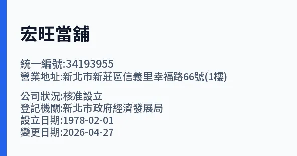 宏旺當舖的照片-統編 34193955(新北市) 公司登記資料與營業項目詳細圖表