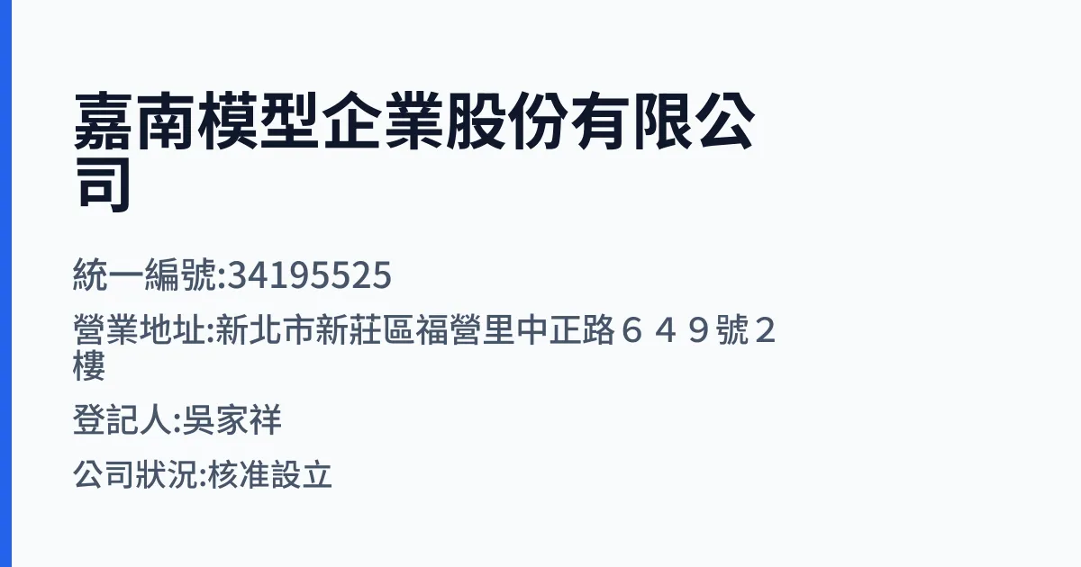 嘉南模型企業股份有限公司 - 統編 34195525(新北市) 公司登記資料與營業項目詳細圖表