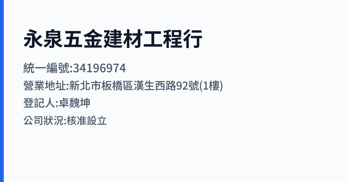 永泉五金建材工程行 - 統編 34196974(新北市) 公司登記資料與營業項目詳細圖表