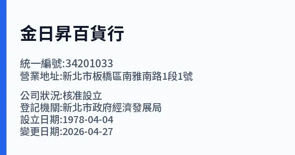 金日昇百貨行的照片-統編 34201033(新北市) 公司登記資料與營業項目詳細圖表