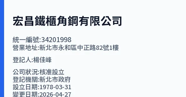 宏昌鐵櫃角鋼有限公司的照片-統編 34201998(新北市) 公司登記資料與營業項目詳細圖表