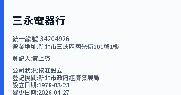 三永電器行的照片-統編 34204926(新北市) 公司登記資料與營業項目詳細圖表