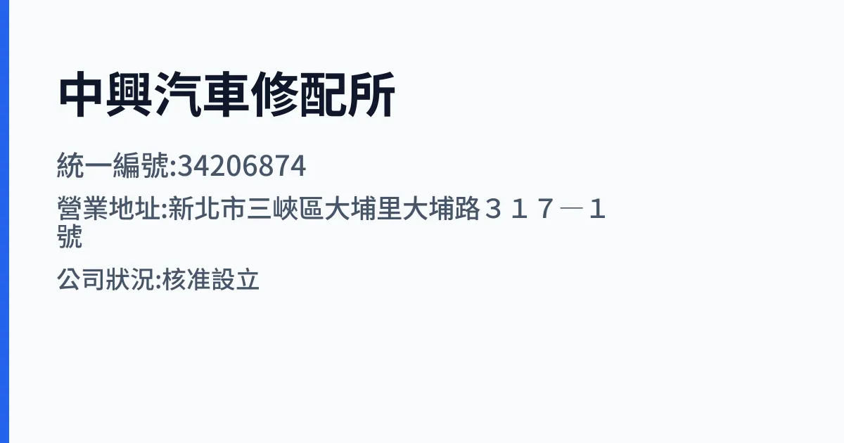 中興汽車修配所 - 統編 34206874(新北市) 公司登記資料與營業項目詳細圖表