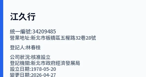 江久行的照片-統編 34209485(新北市) 公司登記資料與營業項目詳細圖表