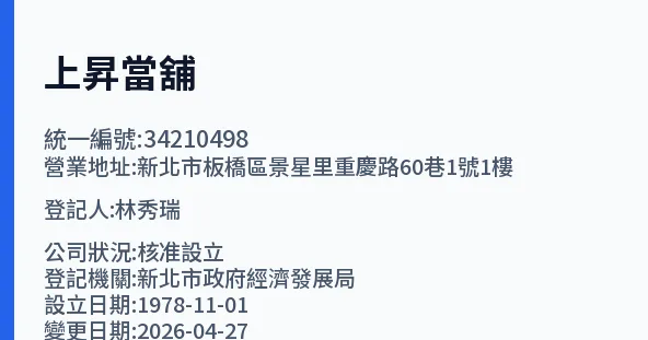 上昇當舖的照片-統編 34210498(新北市) 公司登記資料與營業項目詳細圖表