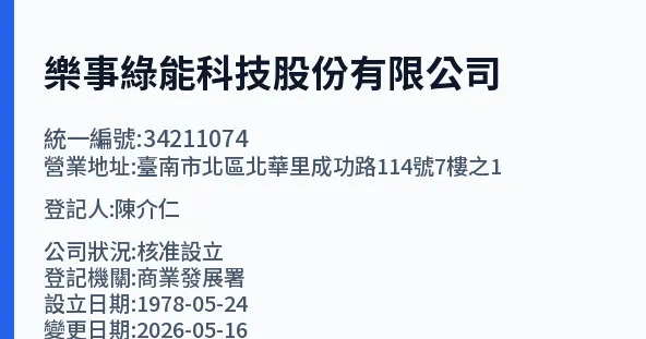 樂事綠能科技股份有限公司的照片-統編 34211074(臺南市) 公司登記資料與營業項目詳細圖表
