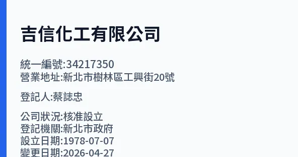 吉信化工有限公司的照片-統編 34217350(新北市) 公司登記資料與營業項目詳細圖表