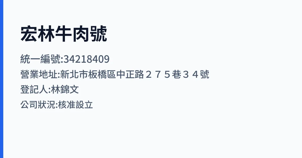 宏林牛肉號 - 統編 34218409(新北市) 公司登記資料與營業項目詳細圖表
