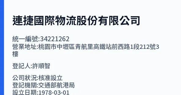 連捷國際物流股份有限公司的照片-統編 34221262(桃園市) 公司登記資料與營業項目詳細圖表