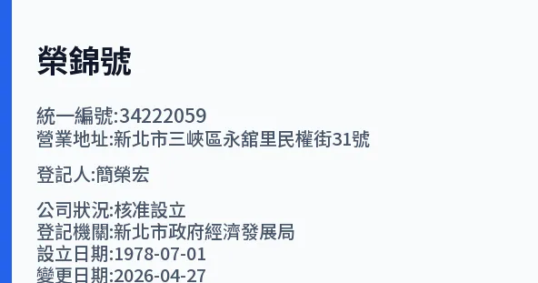 榮錦號的照片-統編 34222059(新北市) 公司登記資料與營業項目詳細圖表