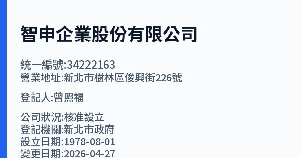 智申企業股份有限公司的照片-統編 34222163(新北市) 公司登記資料與營業項目詳細圖表