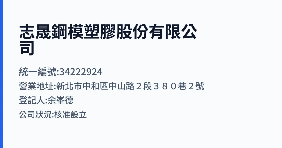 志晟鋼模塑膠股份有限公司 - 統編 34222924(新北市) 公司登記資料與營業項目詳細圖表