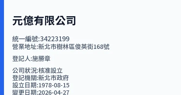 元億有限公司的照片-統編 34223199(新北市) 公司登記資料與營業項目詳細圖表