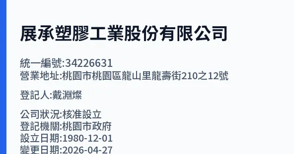 展承塑膠工業股份有限公司的照片-統編 34226631(桃園市) 公司登記資料與營業項目詳細圖表