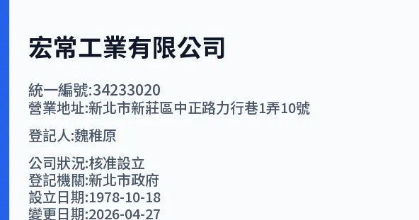 宏常工業有限公司的照片-統編 34233020(新北市) 公司登記資料與營業項目詳細圖表